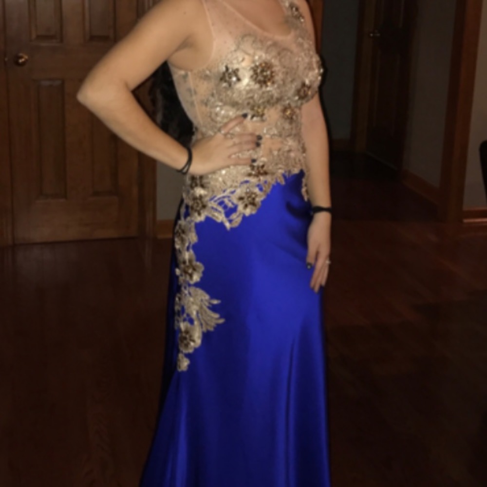 Cobalt Blue And Gold Prom Dress - Gem